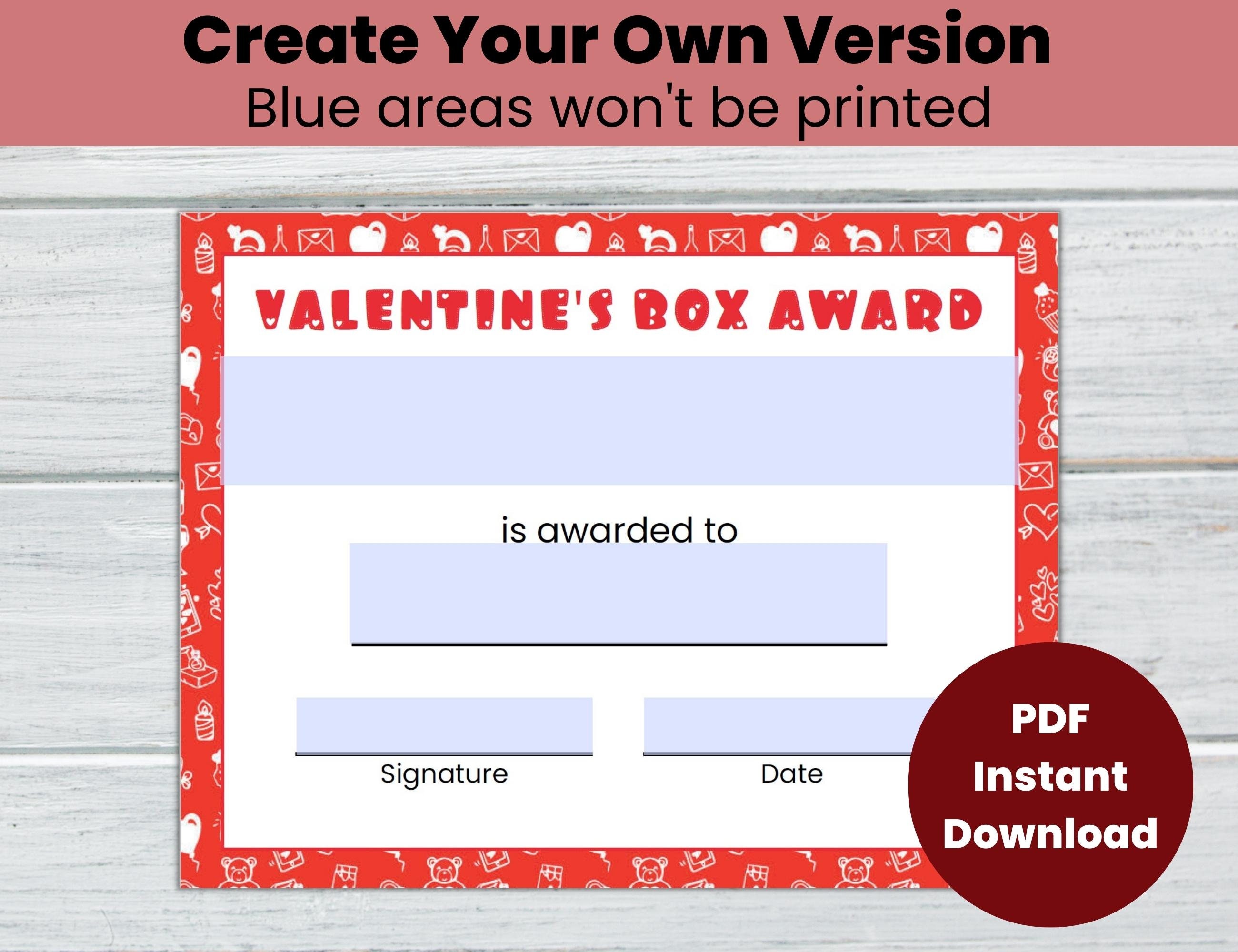 Valentine's Day Box Award Certificates Template Editable, Class ...
