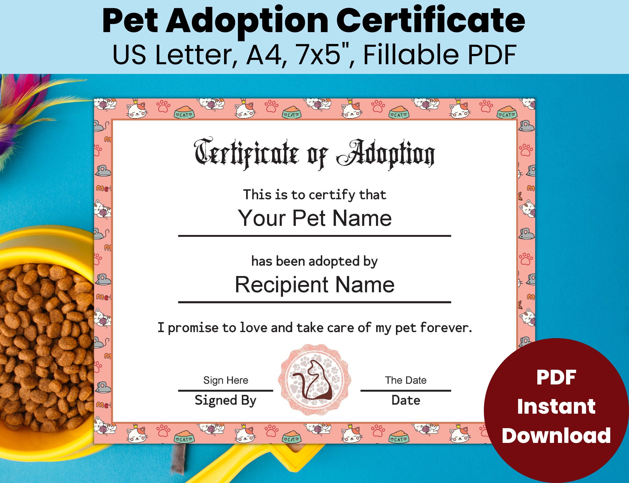 Pet Cat Adoption Certificate, Custom Editable Certificate Template for ...