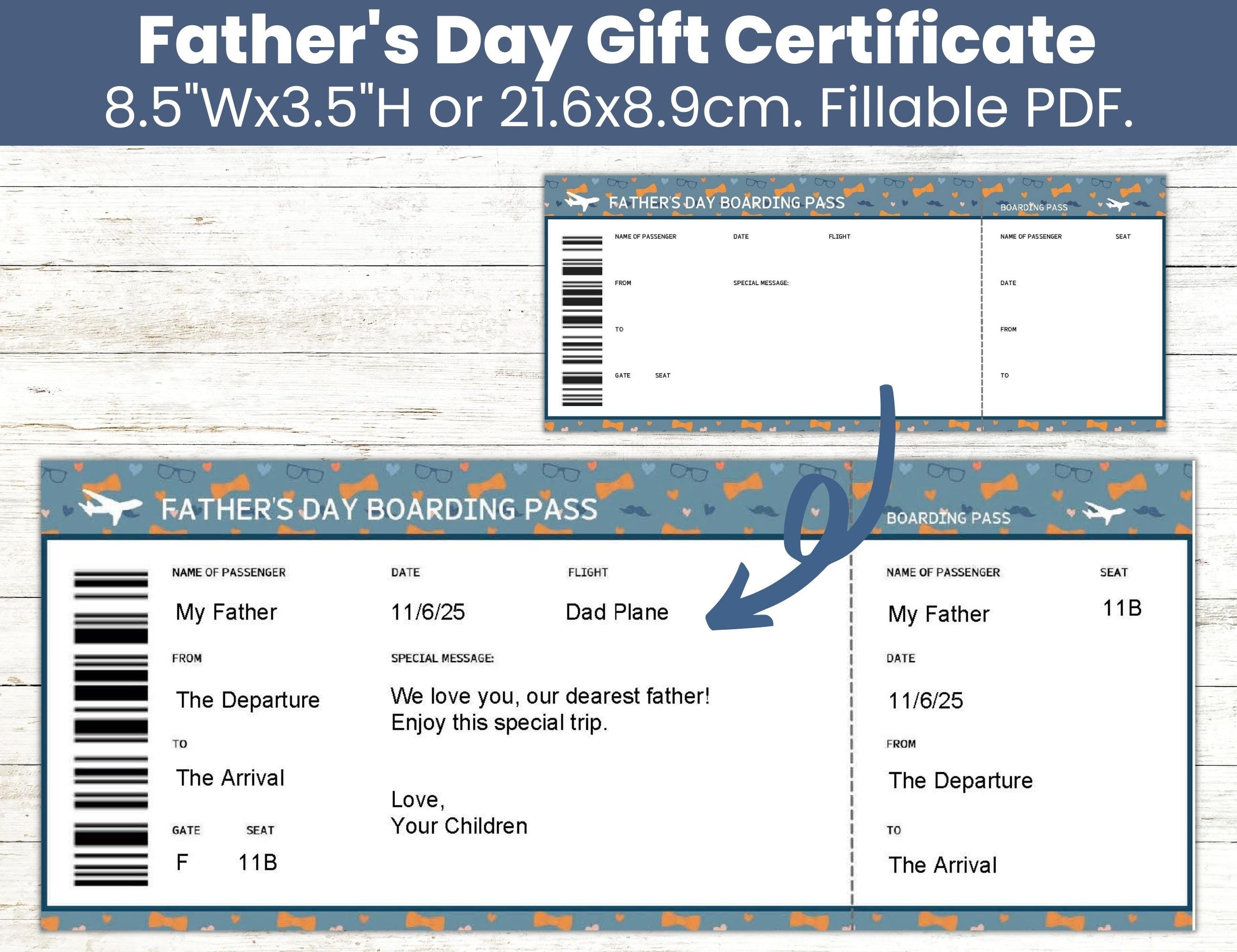 Father's Day Boarding Pass Ticket Gift Coupon Template, Fake Plane ...