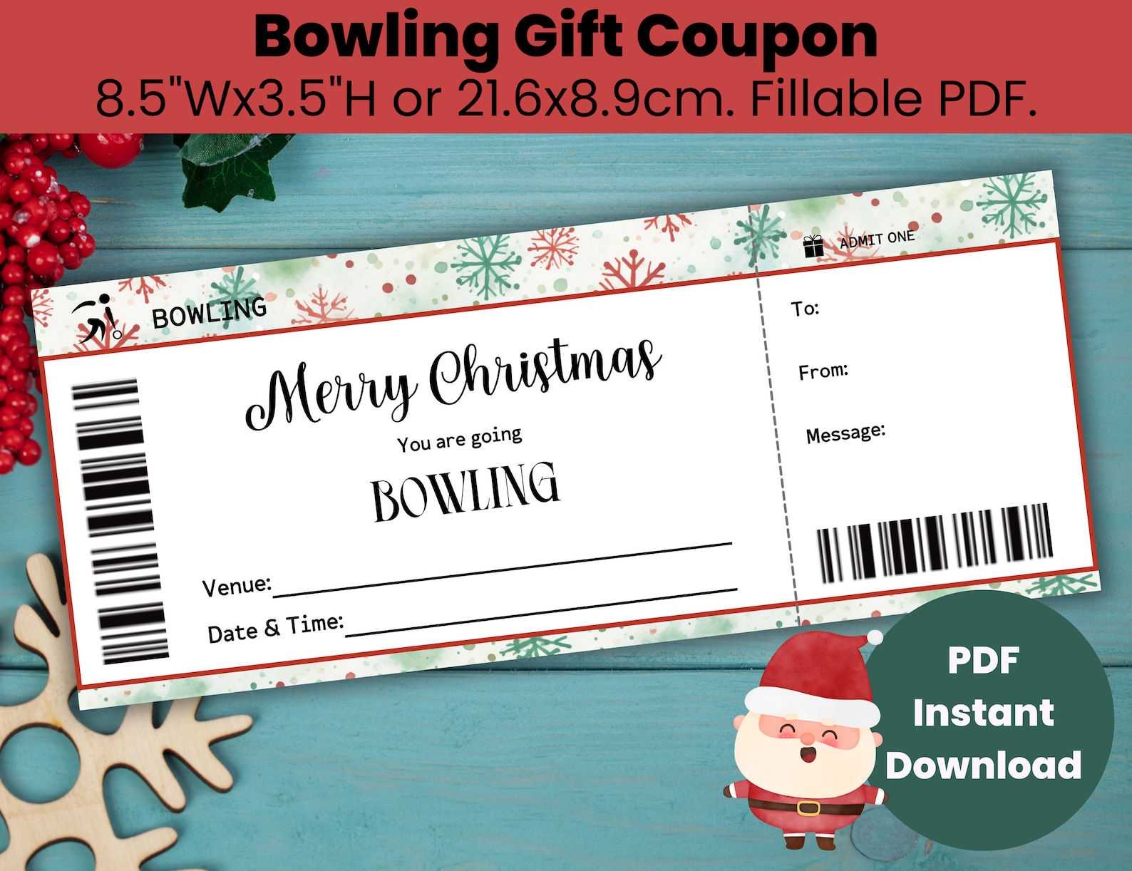 Custom Christmas Bowling Ticket, Bowling Gift Coupon Template, Boss ...