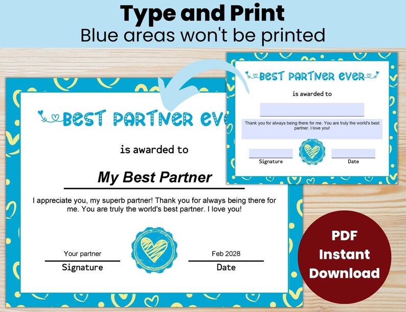 Best Partner Ever Award Certificate, Personalized Love Certificate ...