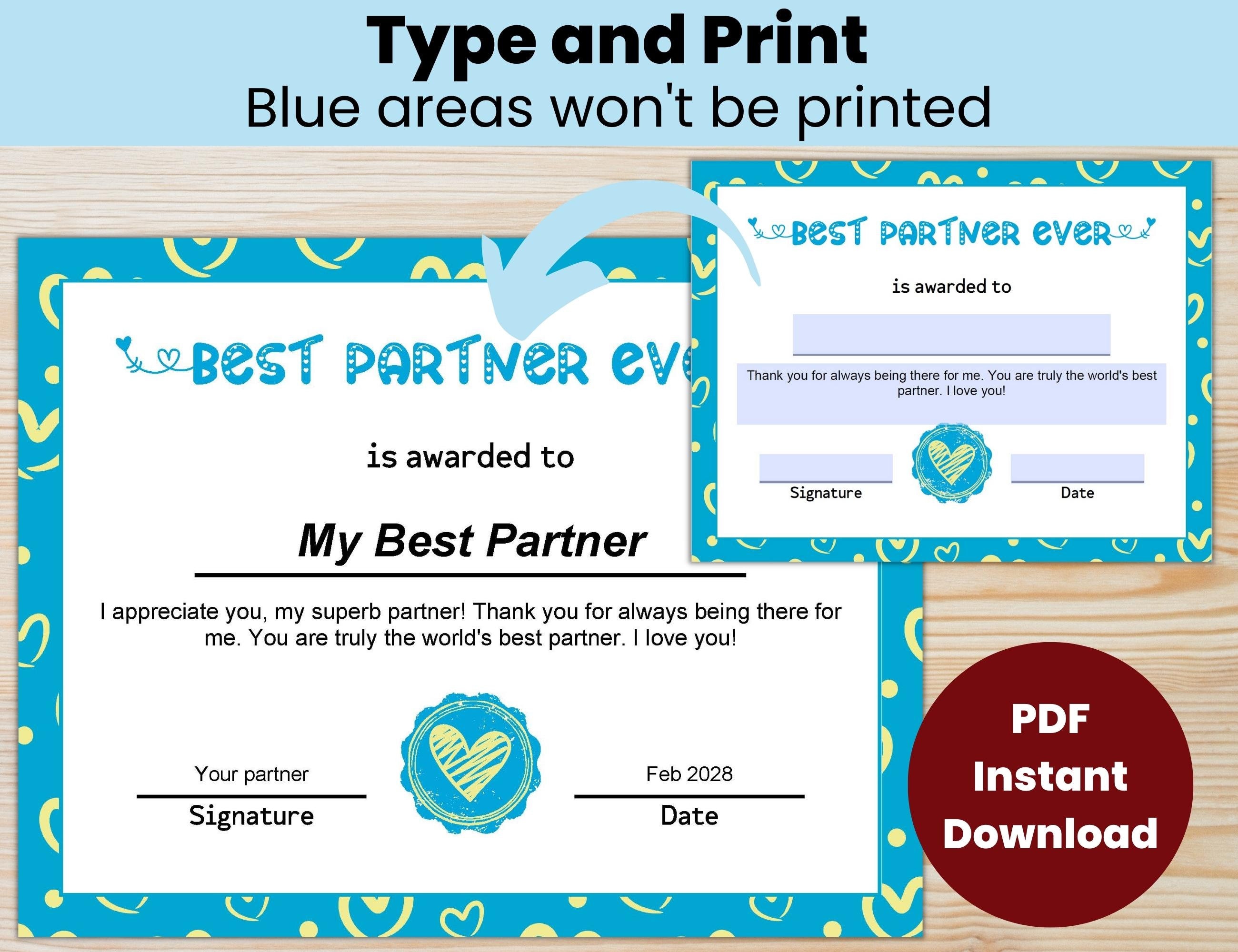Best Partner Ever Award Certificate, Personalized Love Certificate ...