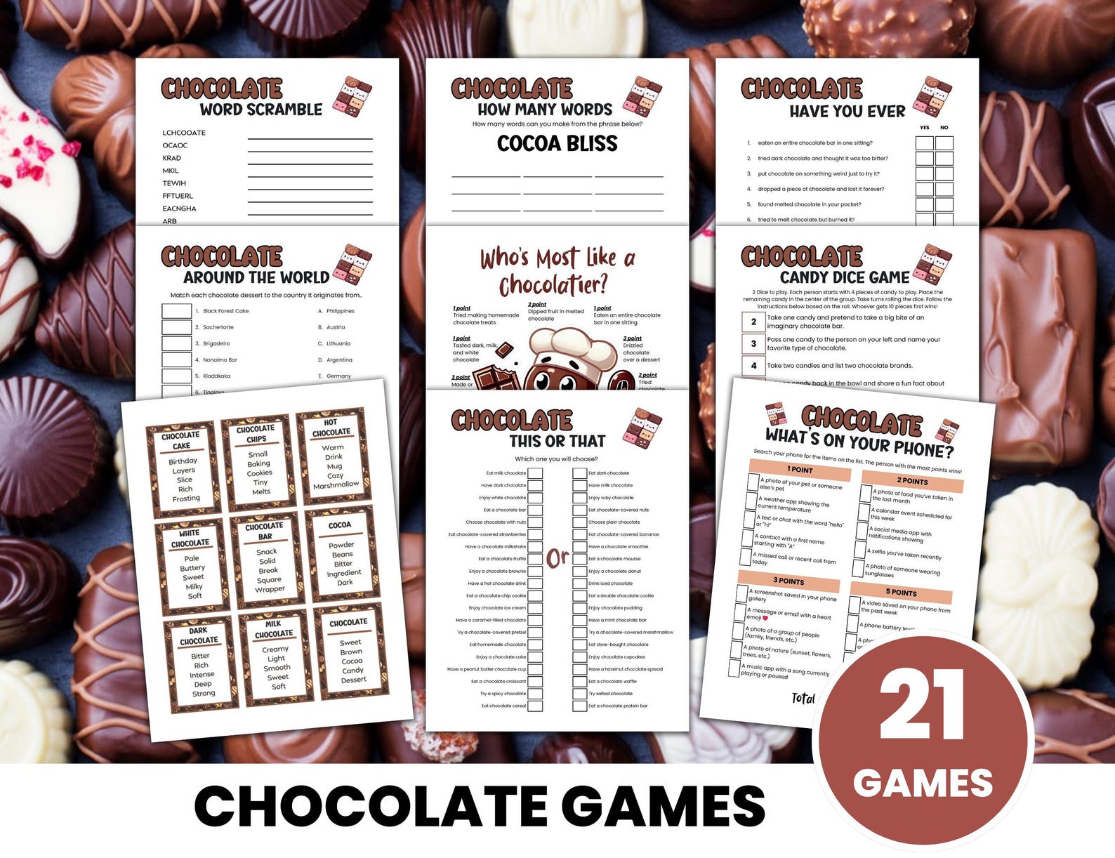 Chocolate Theme Party Games Bundle, Chocolate Games, Ladies Night Games ...