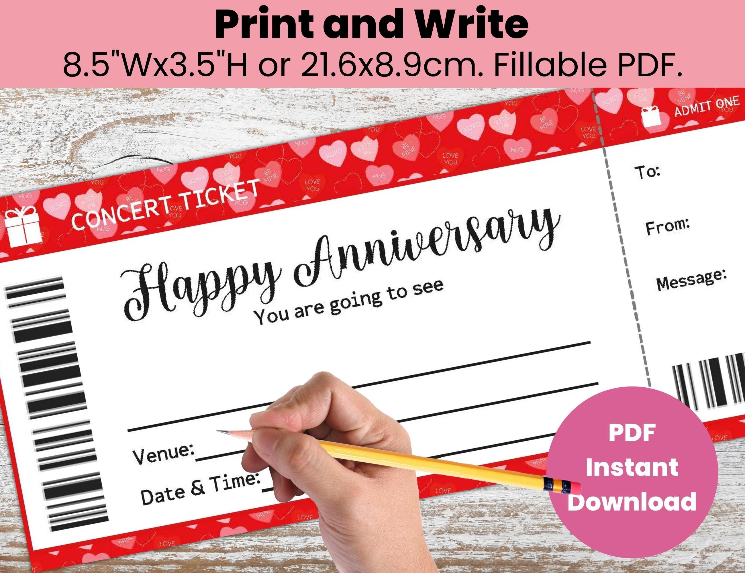 Anniversary Editable Concert Ticket Template Gift Certificate ...