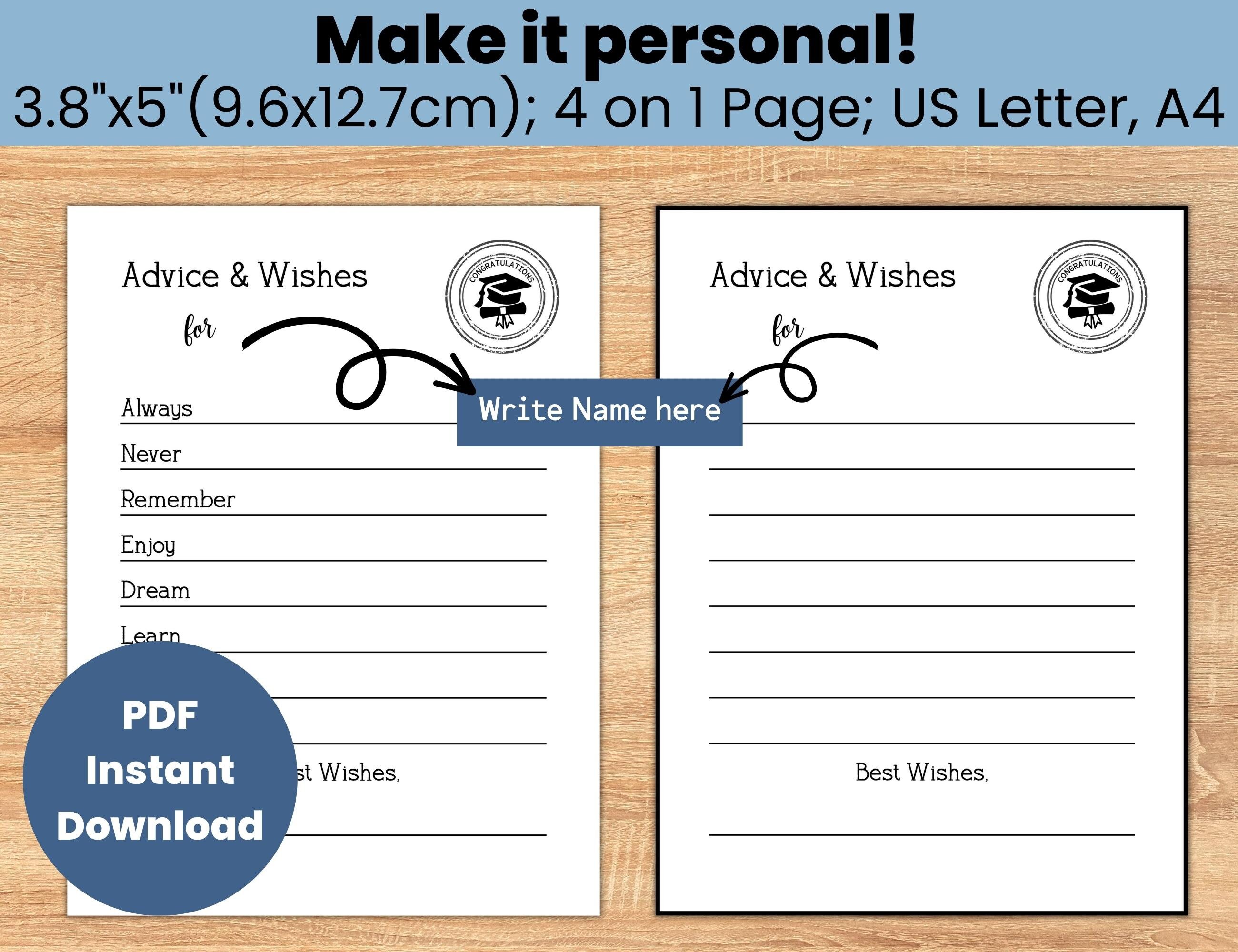 Graduation Well Wishes and Advice Cards Editable Printable, Grad Words ...