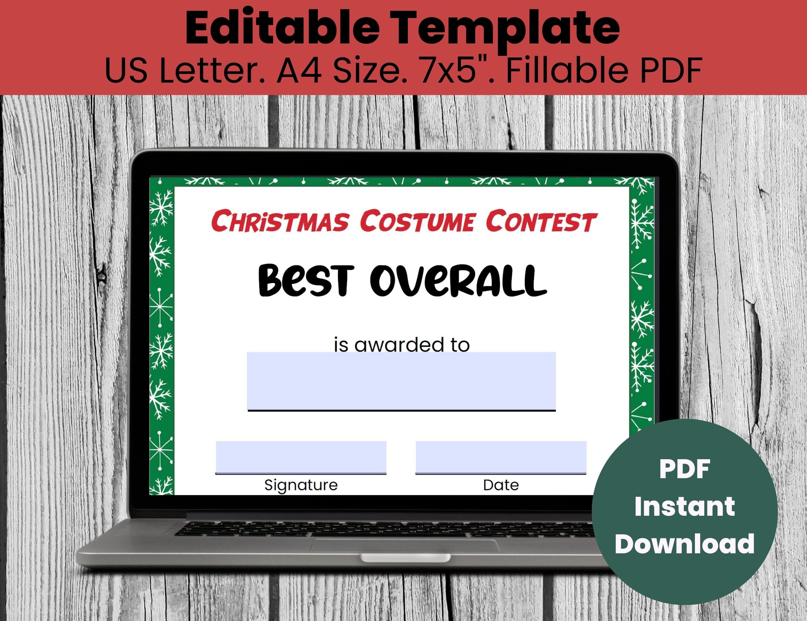 Christmas Costume Contest Awards Certificate Template Editable, Ugly ...