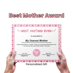 Best Mother Ever Award Certificate Editable Template, Custom Mother's ...