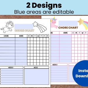 Unicorn Chore Chart for Kids Printable, Editable Kids' Chore Chart ...
