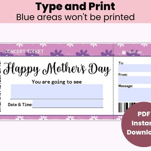 Personalized Mothers Day Concert Ticket Gift Certificate Editable ...