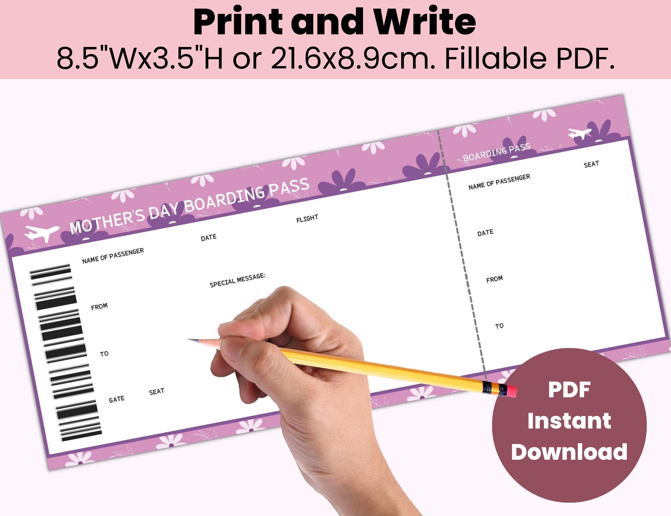 Custom Mothers Day Editable Boarding Pass Template, Plane Ticket Gift ...