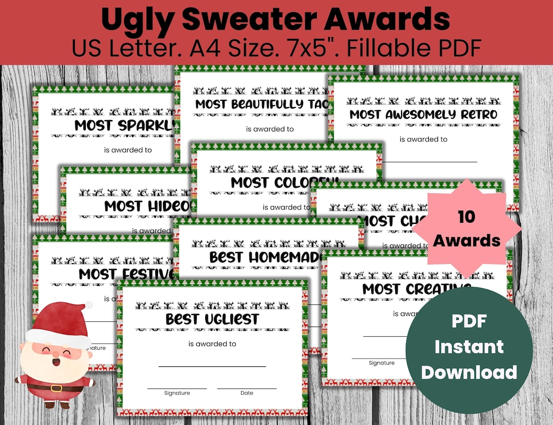 Ugly Sweater Award Certificates and Voting Cards, Christmas Ugly ...