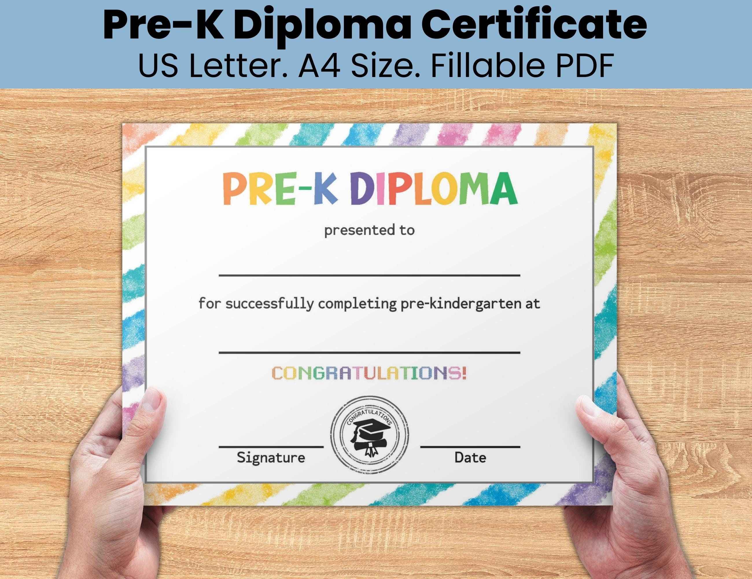 Pre K Graduation Diploma Certificate Template, Custom Printable Diploma ...