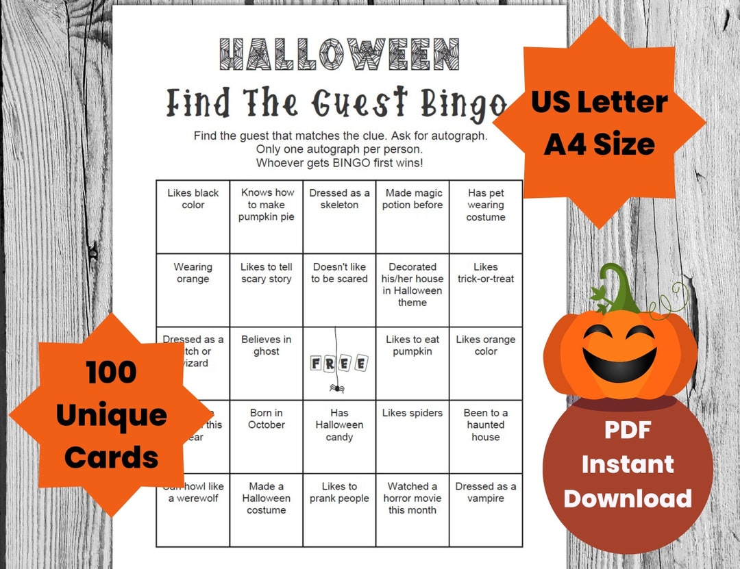 Find the Guest Bingo Halloween Party Game, Holiday Party Ice Breaker ...