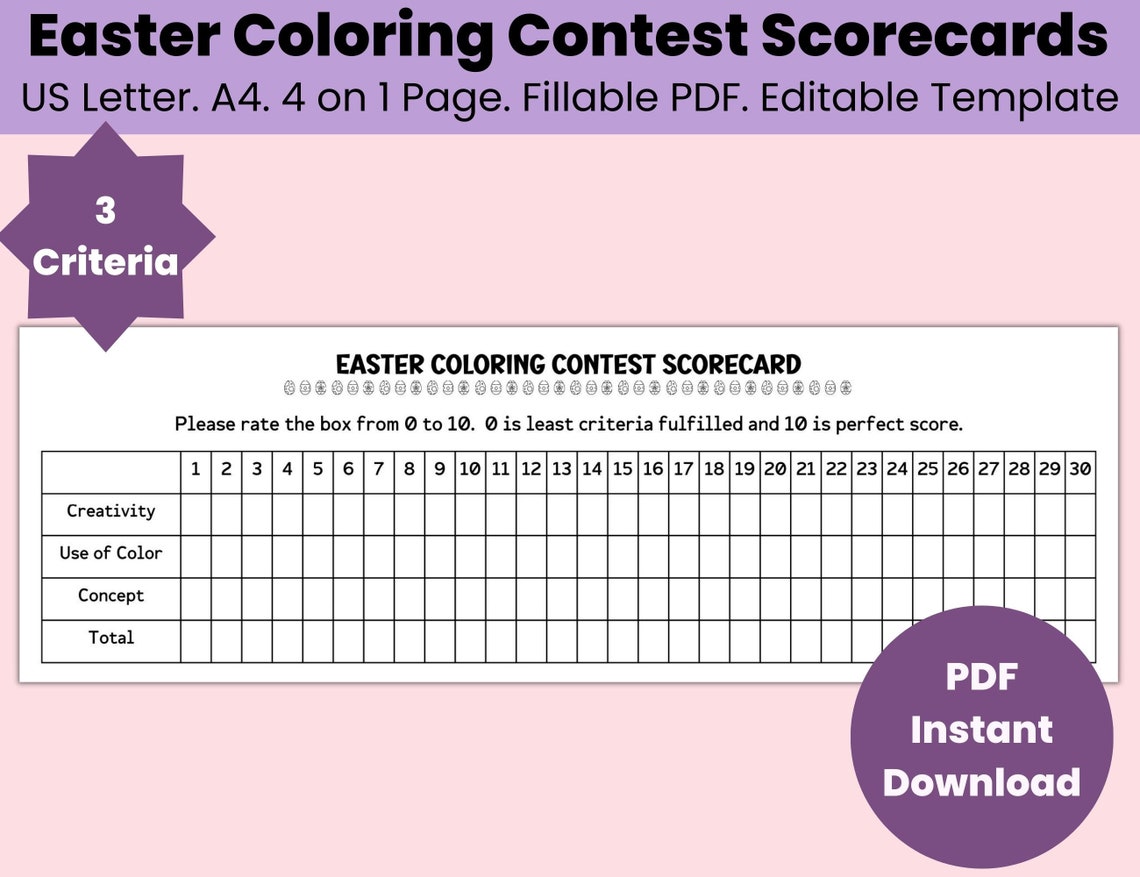 Editable Easter Coloring Contest Scorecard Template, Easter Competition ...