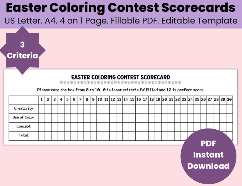 Editable Easter Coloring Contest Scorecard Template, Easter Competition ...