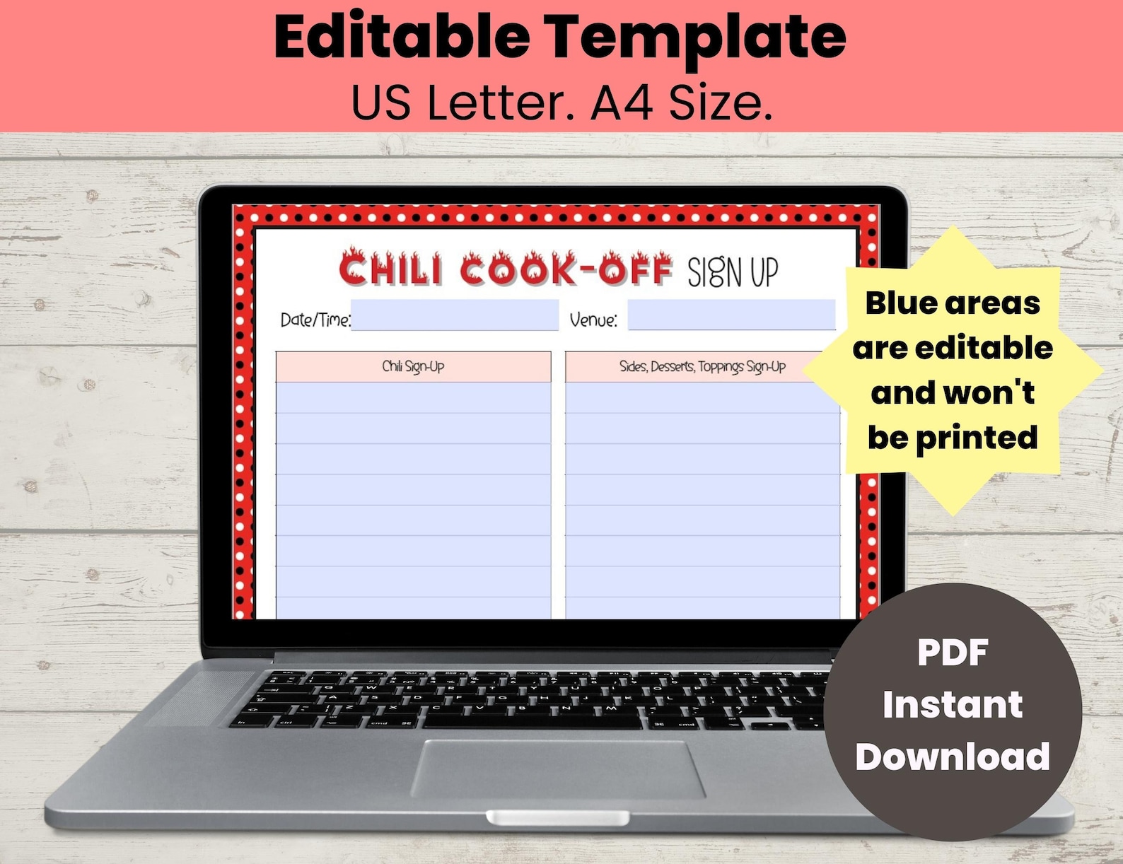 Chili Cook off Sign up Sheet Template Editable, Cooking Contest Prep ...