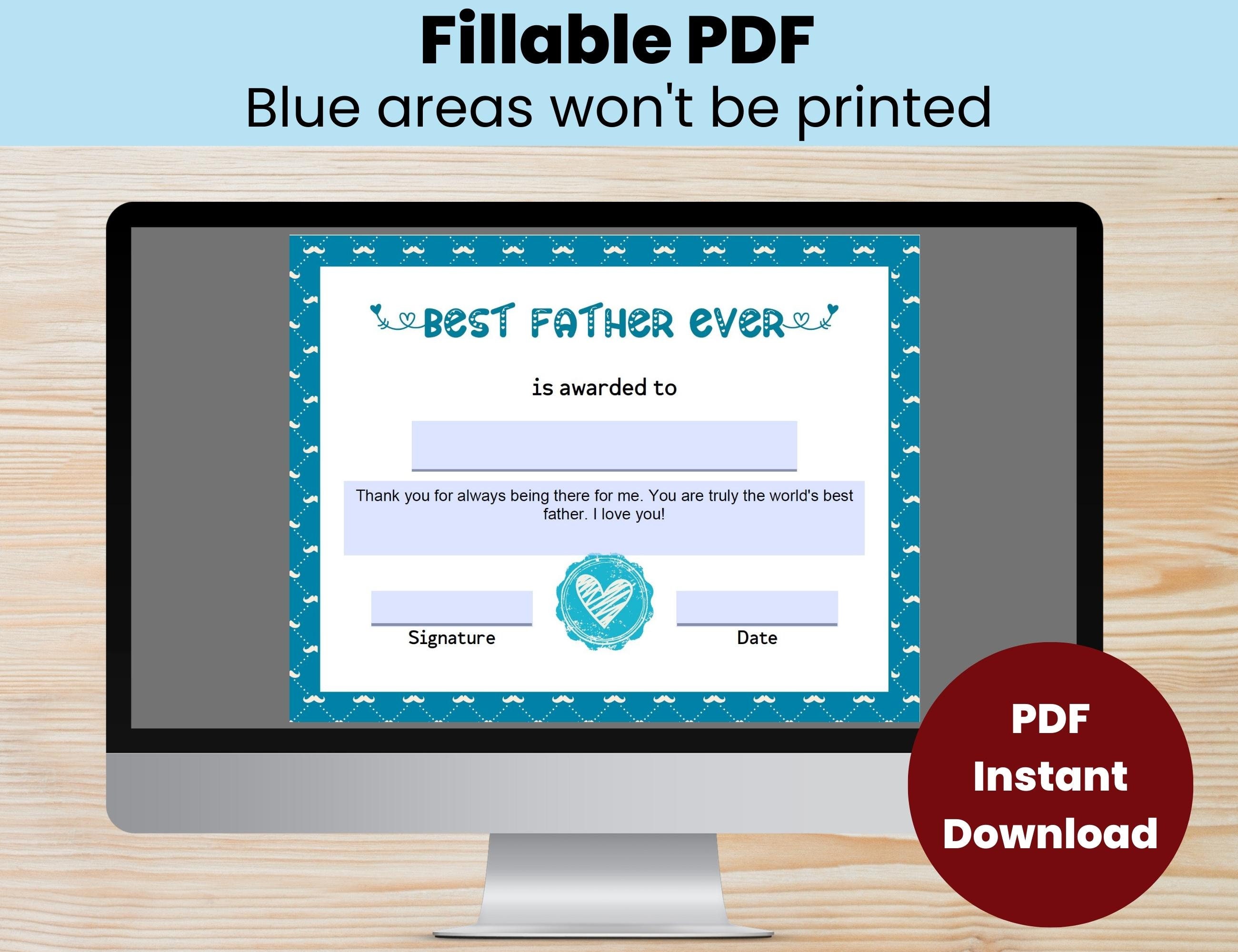 Best Father Ever Award Certificate Template Editable, Best Dad Award ...