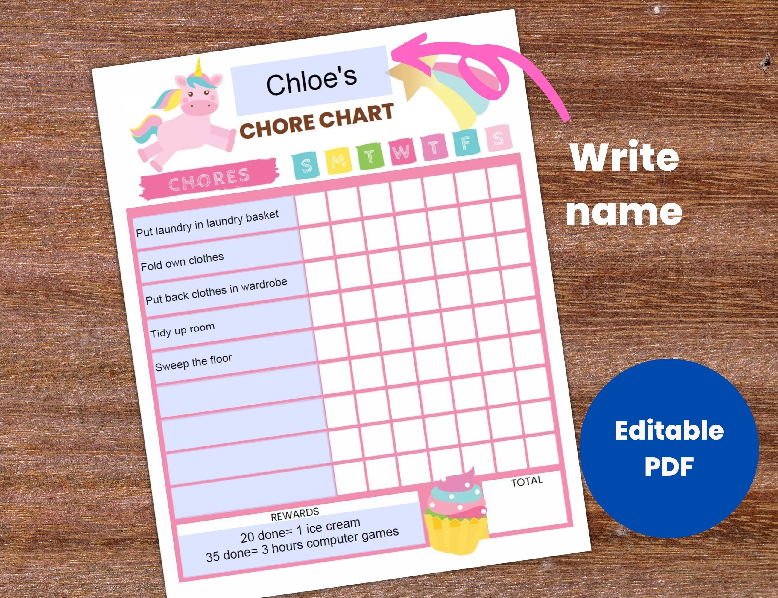 Unicorn Chore Chart for Kids Printable, Editable Kids' Chore Chart ...