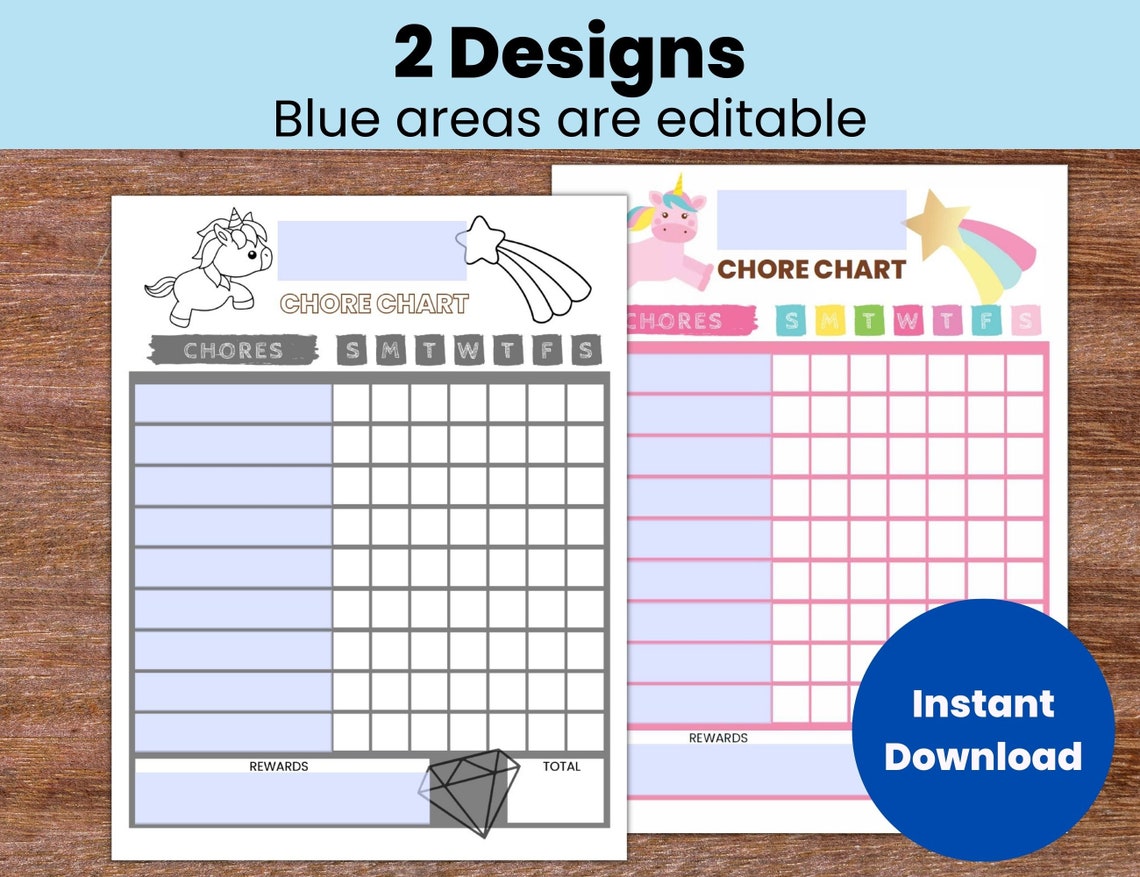 Unicorn Chore Chart for Kids Printable, Editable Kids' Chore Chart ...