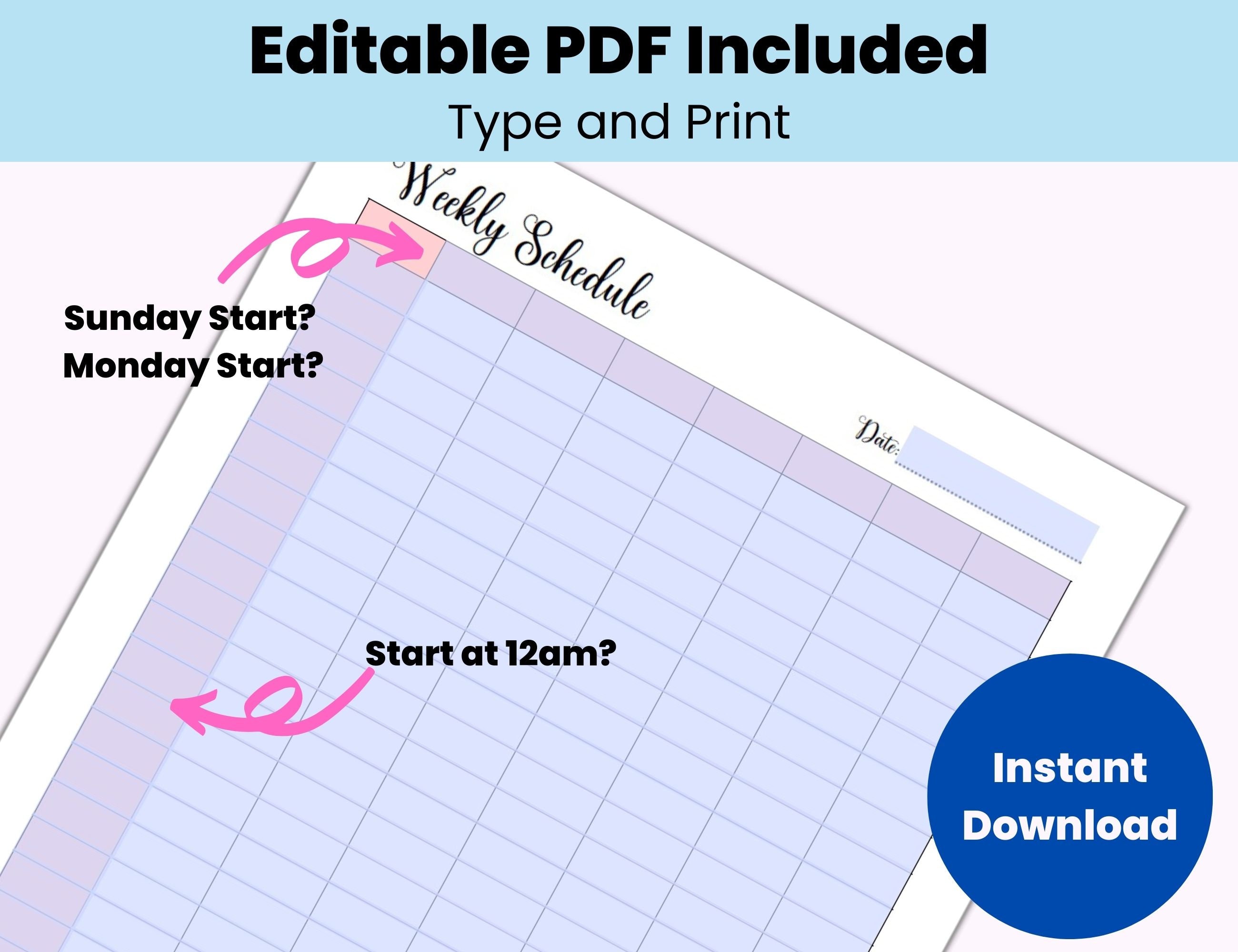 Hourly Weekly Schedule Printable, Editable Weekly Checklist, Weekly ...