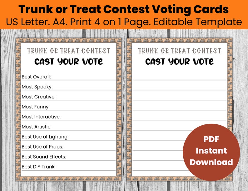 Halloween Trunk or Treat Contest Award Certificates and Ballot Template ...