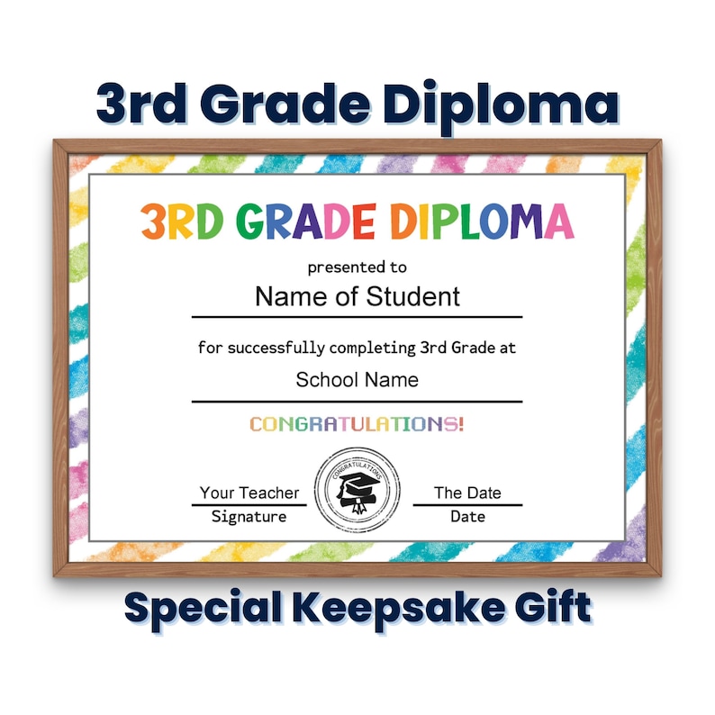 Third Grade Diploma Certificate Template, Custom Printable 3rd Grade ...