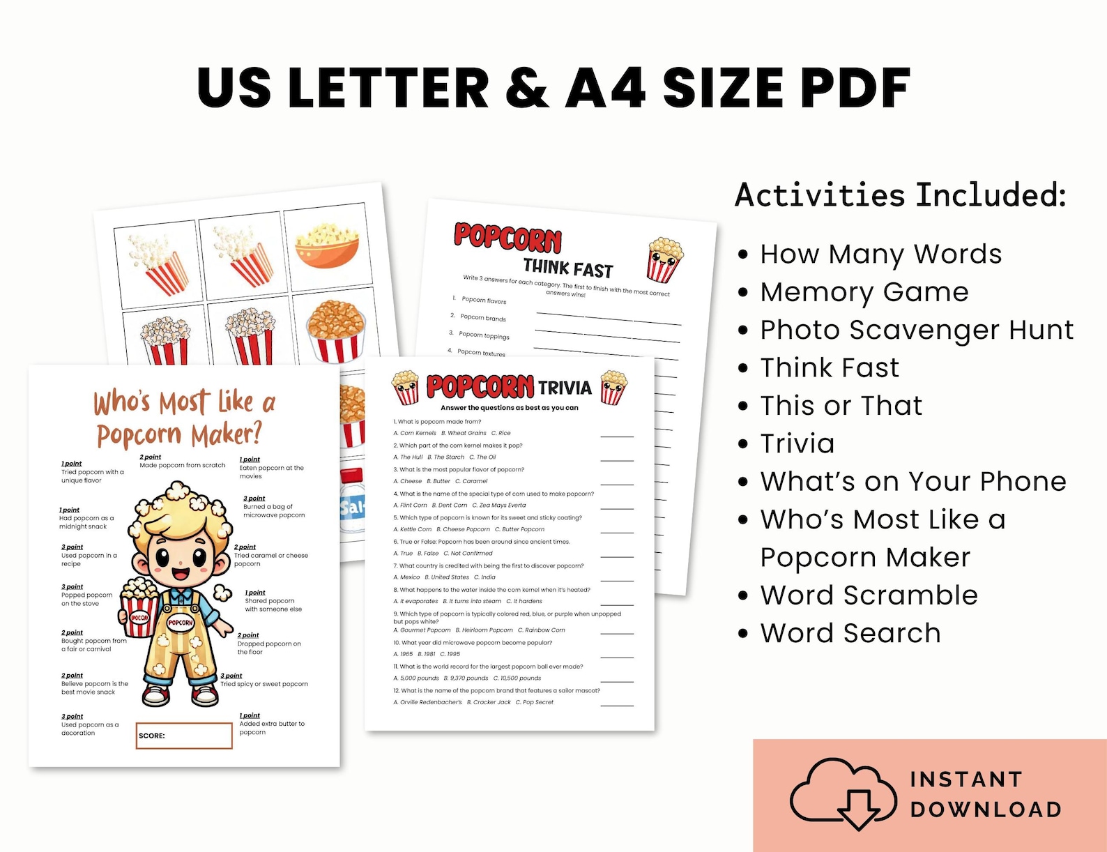 Popcorn Theme Party Games Bundle, Popcorn Movie Night Birthday Party ...