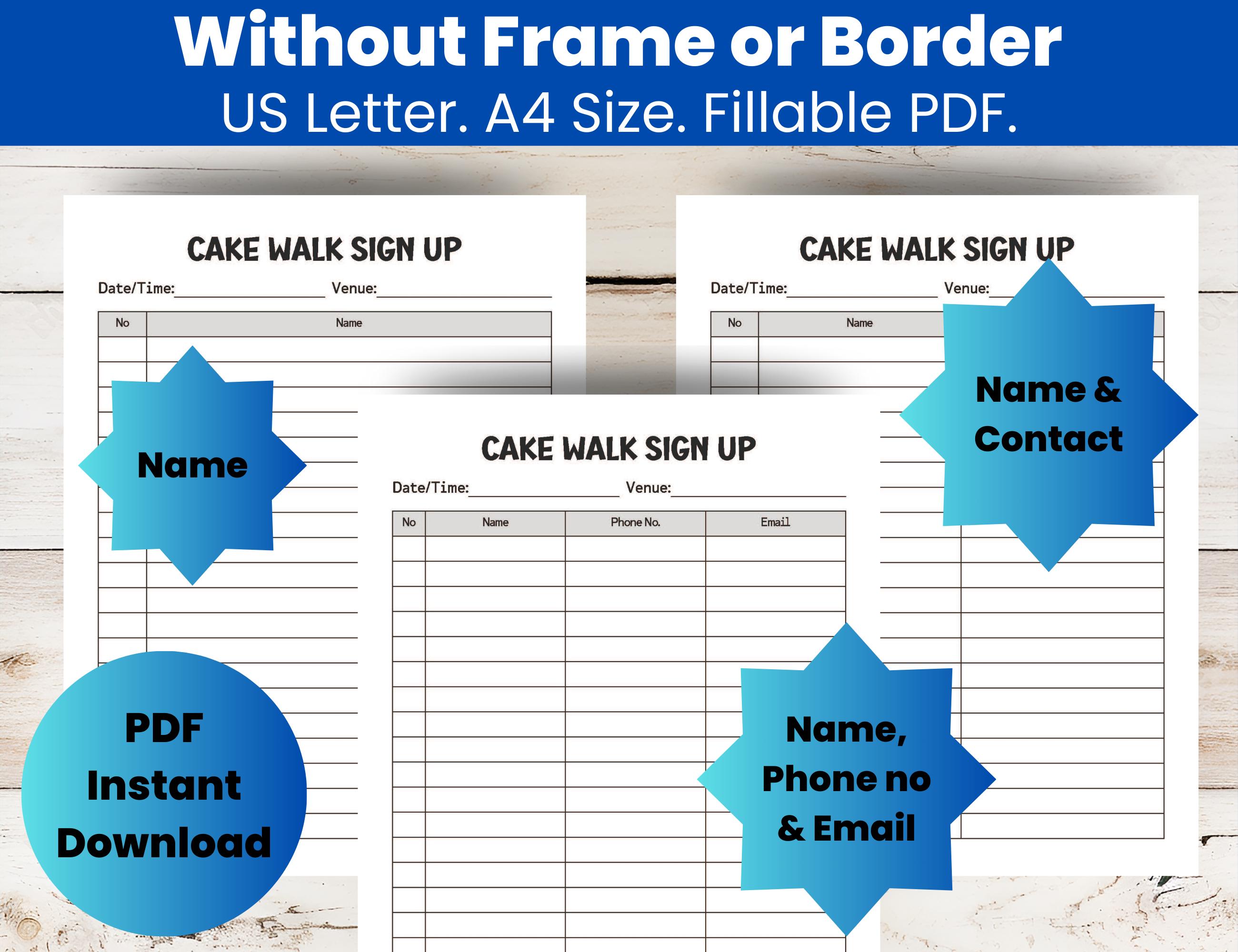 Cake Walk Sign up Sheet Template, Community Event, Fundraising Ideas ...