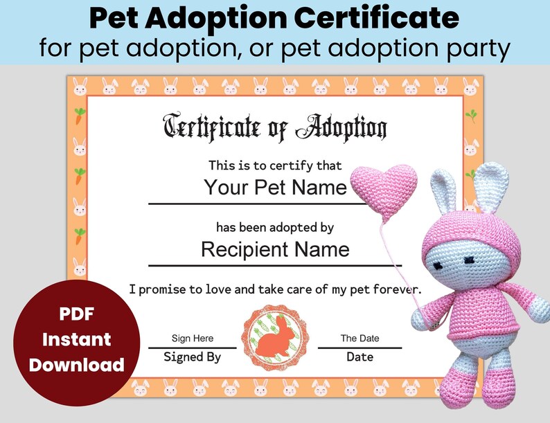 Bunny Rabbit Adoption Certificate, Custom Editable Certificate Template ...