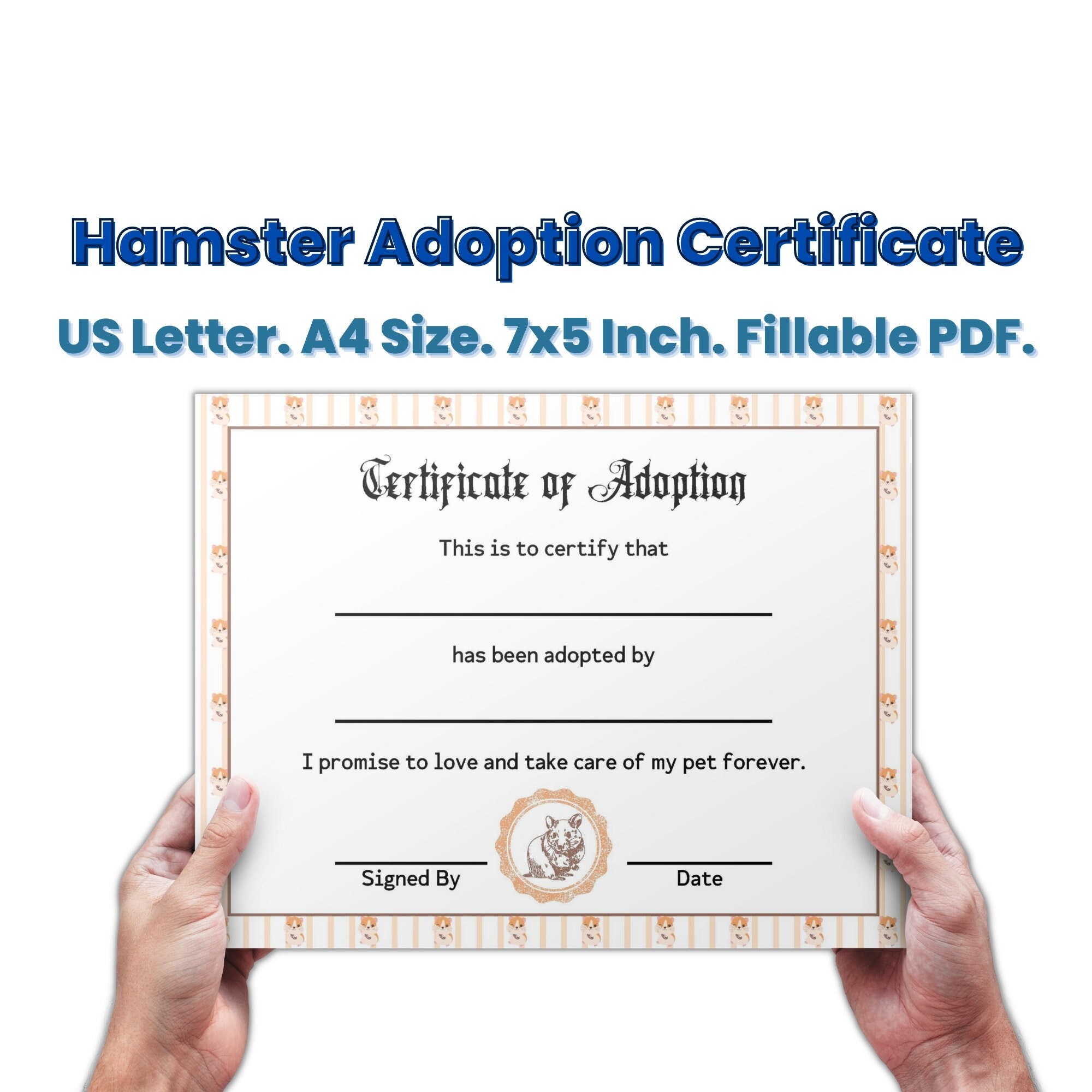 Pet Hamster Adoption Certificate, Custom Editable Certificate Template ...