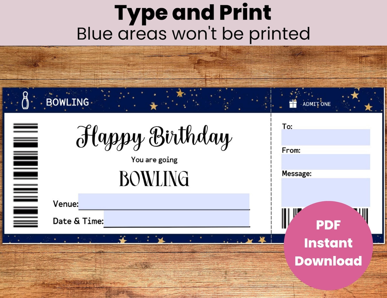 Bowling Game Ticket Gift Coupon Template for Birthday, Personalized ...