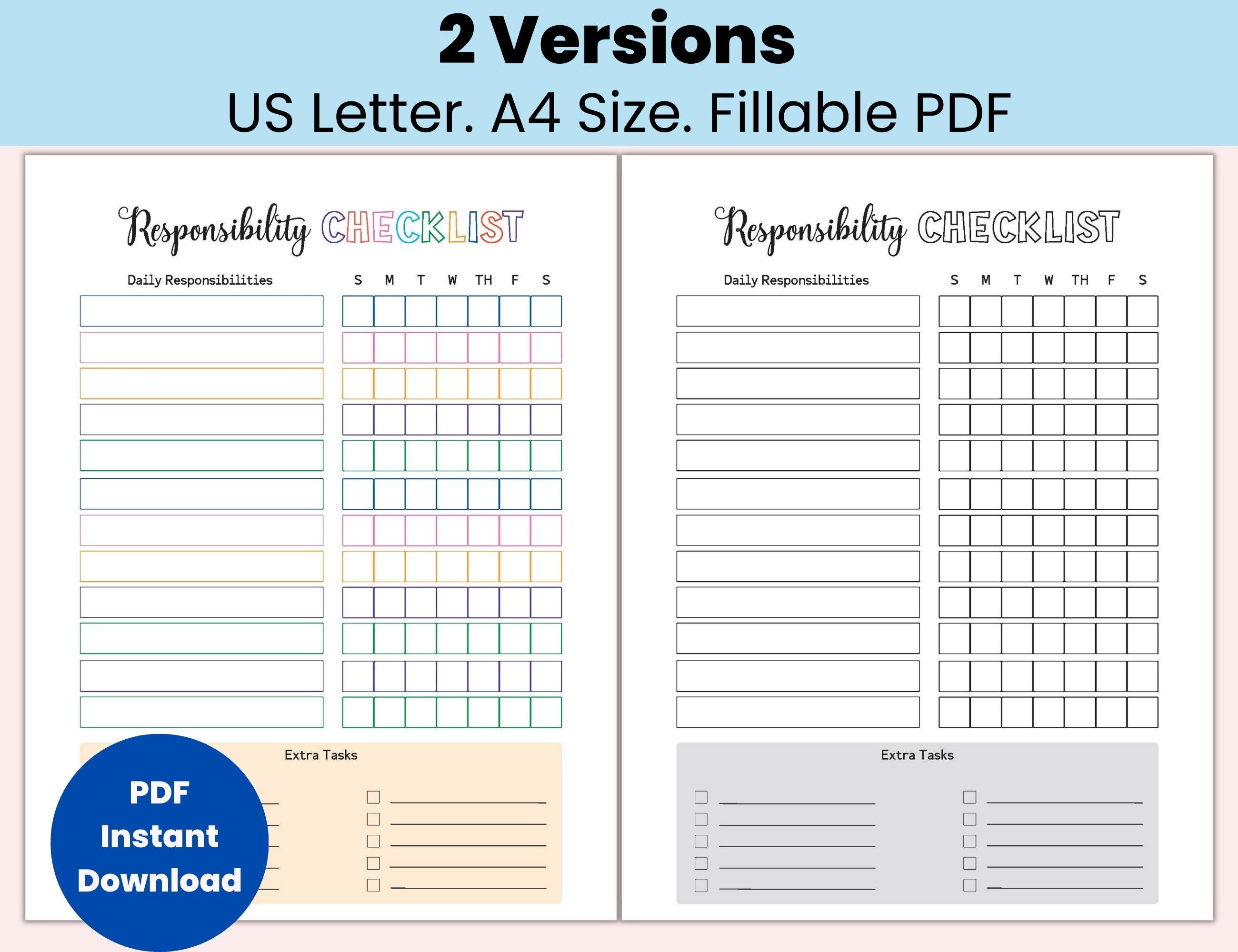 Kids Responsibility Checklist Template, Responsibility Chart for Kids ...