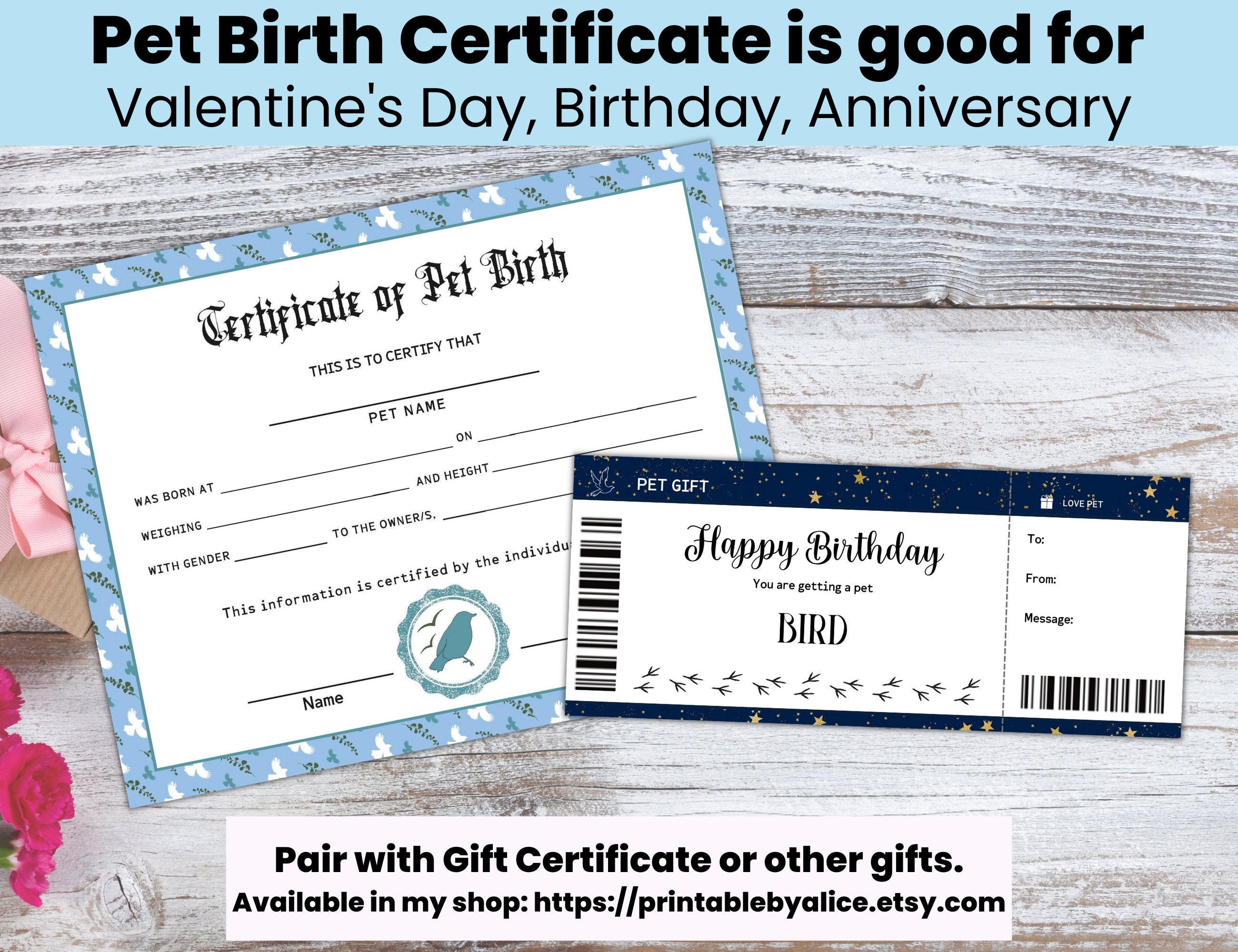 Personalized Pet Bird Birth Certificate Template Editable, New Pet Gift ...