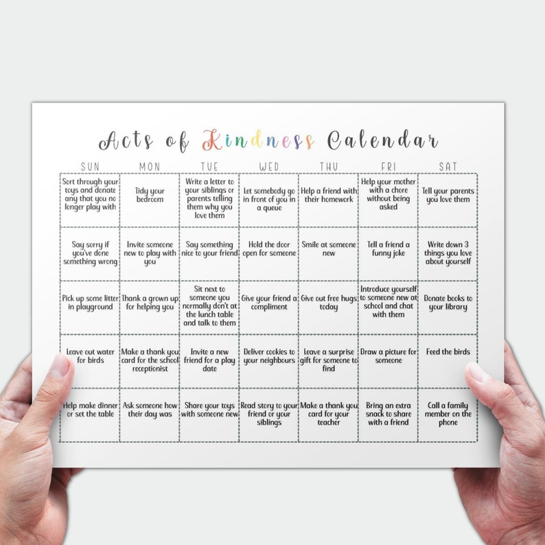Act of Kindness Calendar for Kids, Christmas Kindness Advent Calendar ...