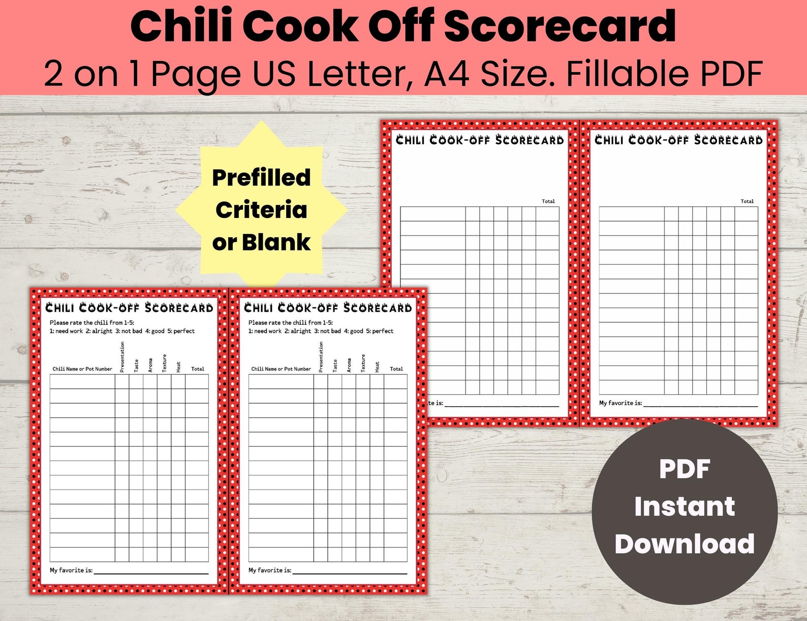 Chili Cook off Score Card, Chili Cook-off Score Sheet, Chili Cookoff ...