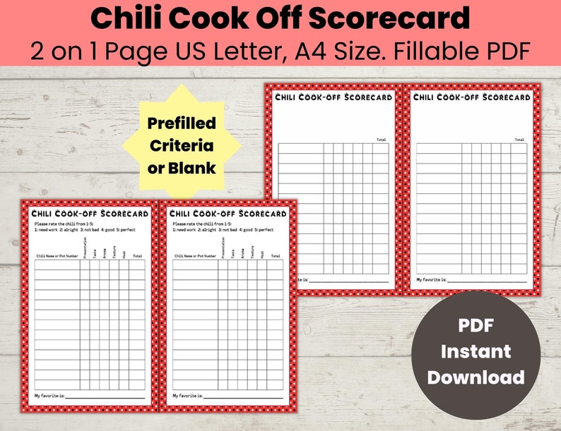 Chili Cook off Score Card, Chili Cook-off Score Sheet, Chili Cookoff ...
