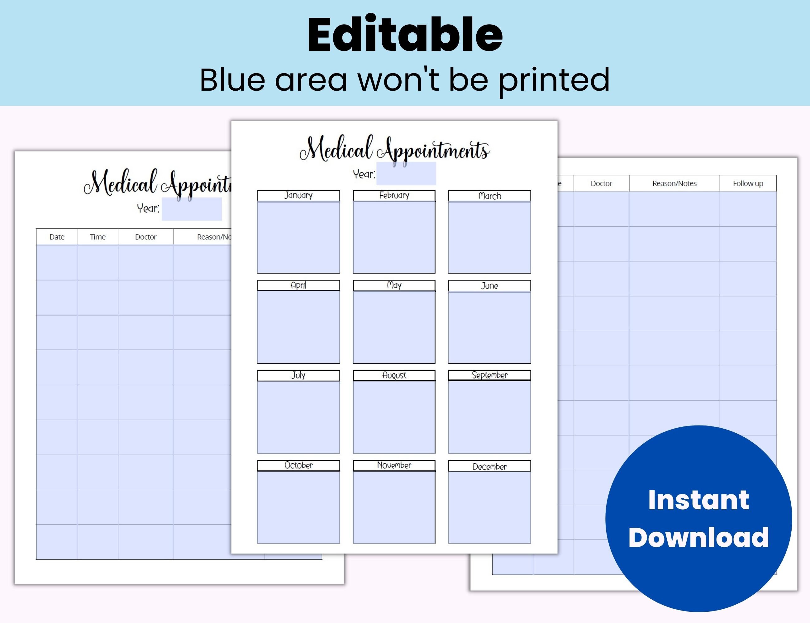 Editable Medical Appointment Tracker, Doctor Appointment Planner ...