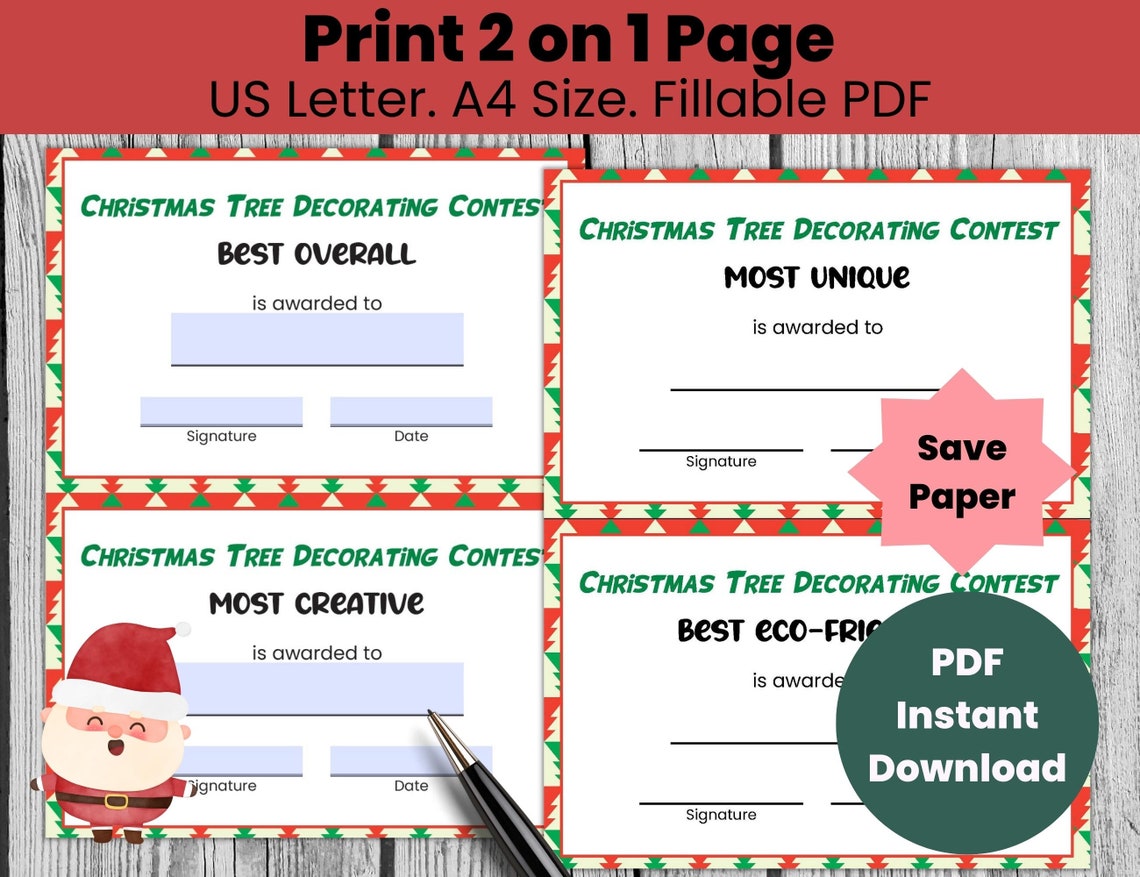 Christmas Tree Decorating Contest Award Certificates Template Editable ...