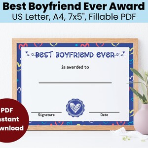Best Boyfriend Ever Award Certificate, Personalized Love Certificate ...