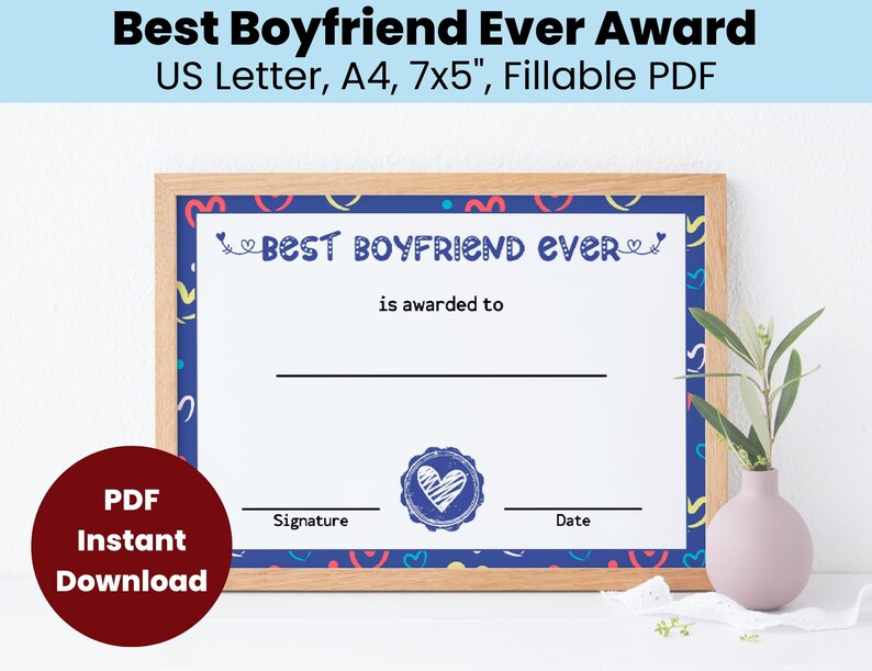 Best Boyfriend Ever Award Certificate, Personalized Love Certificate ...