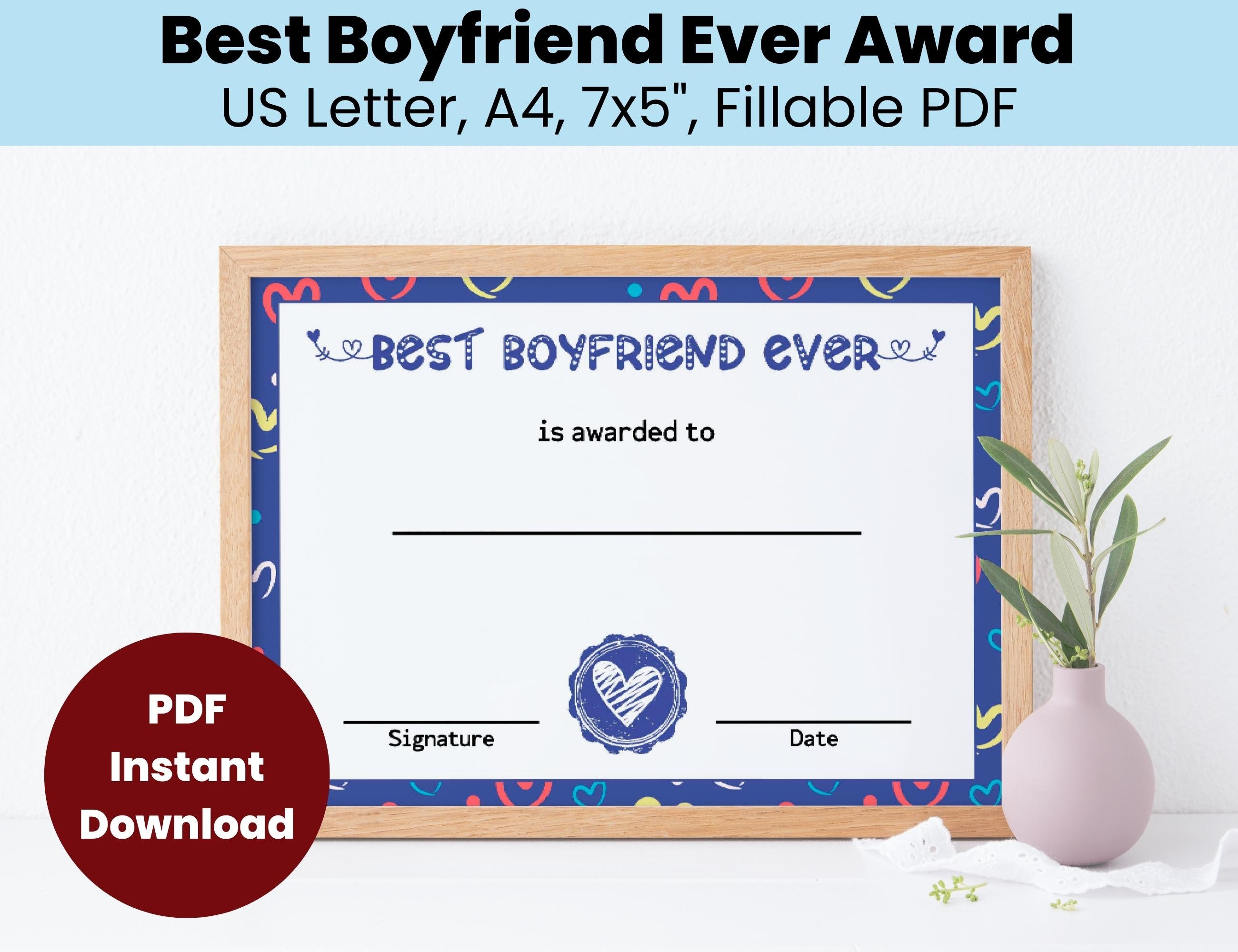 Best Boyfriend Ever Award Certificate, Personalized Love Certificate ...