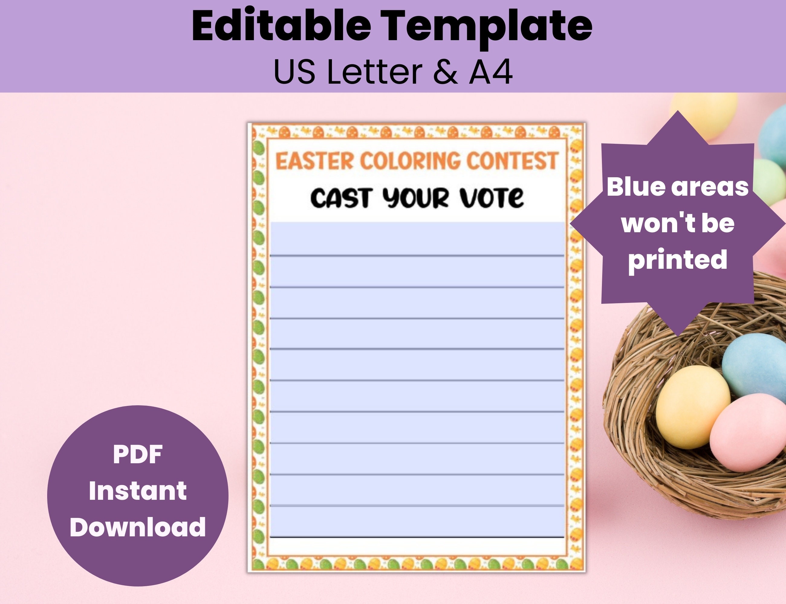 Editable Easter Coloring Contest Voting Cards, Ballot Template Editable ...