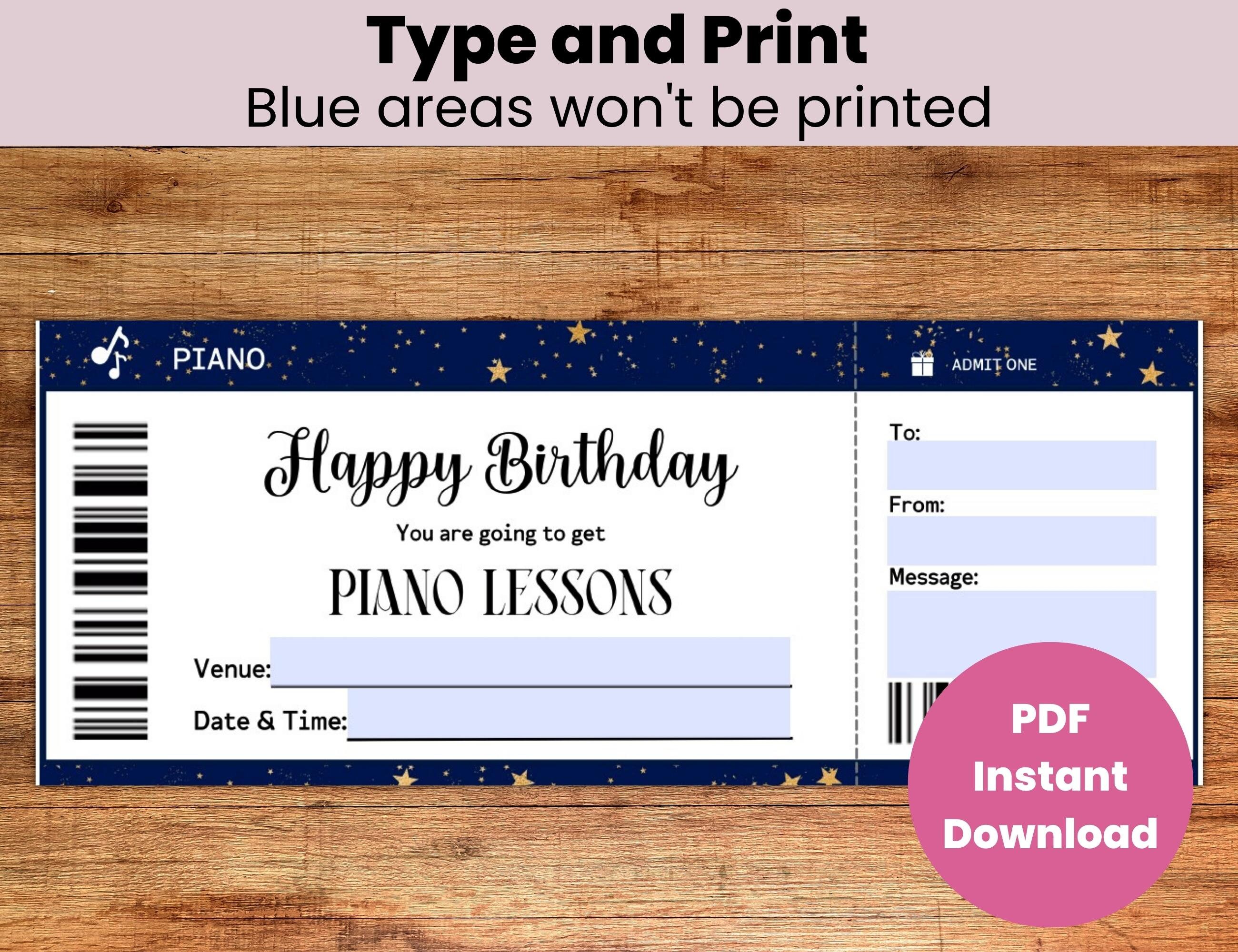 Piano Lessons Gift Coupon Template, Custom Happy Birthday Piano Lessons ...