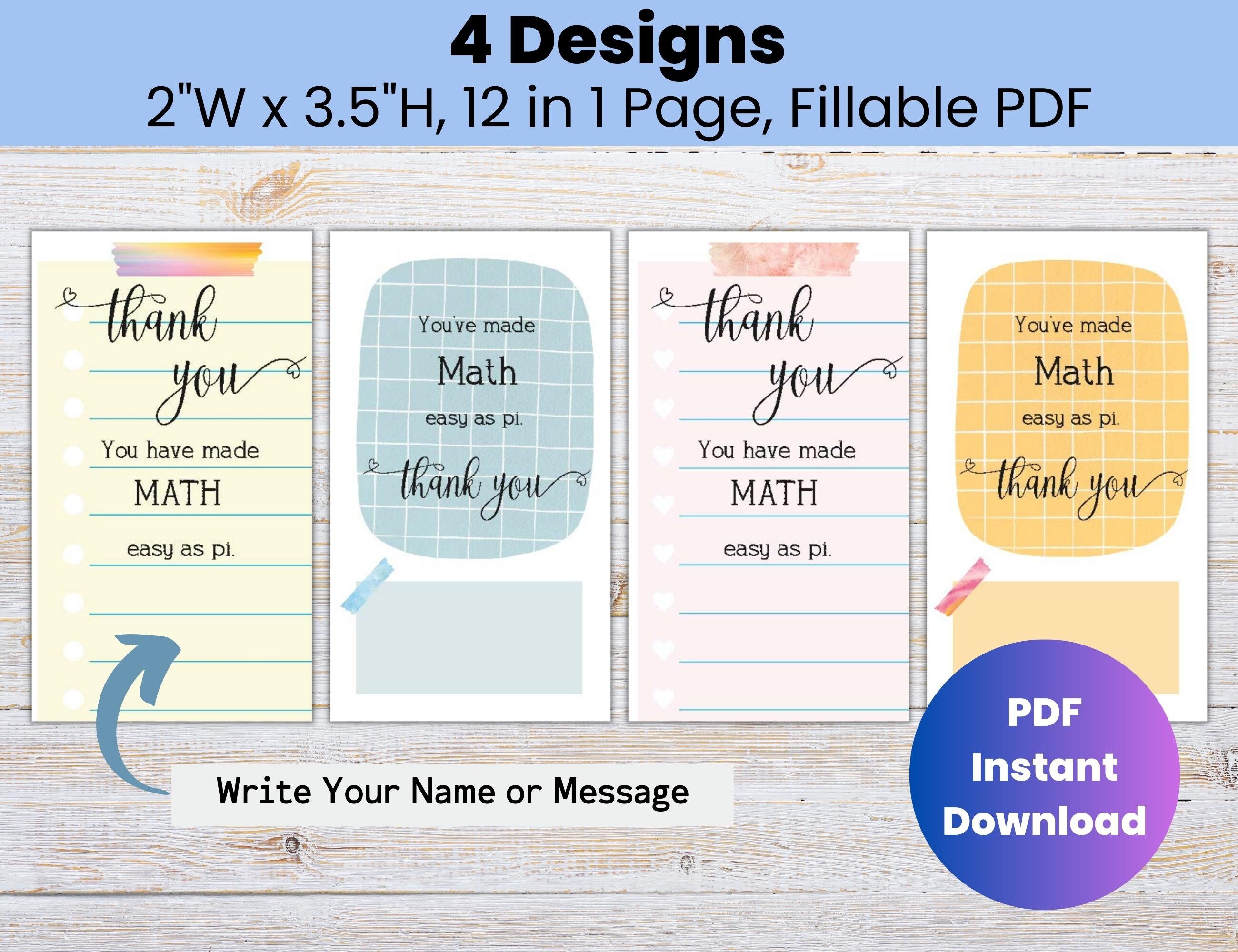Math Teacher Appreciation Gift Tags Printable, Thank You Appreciation ...