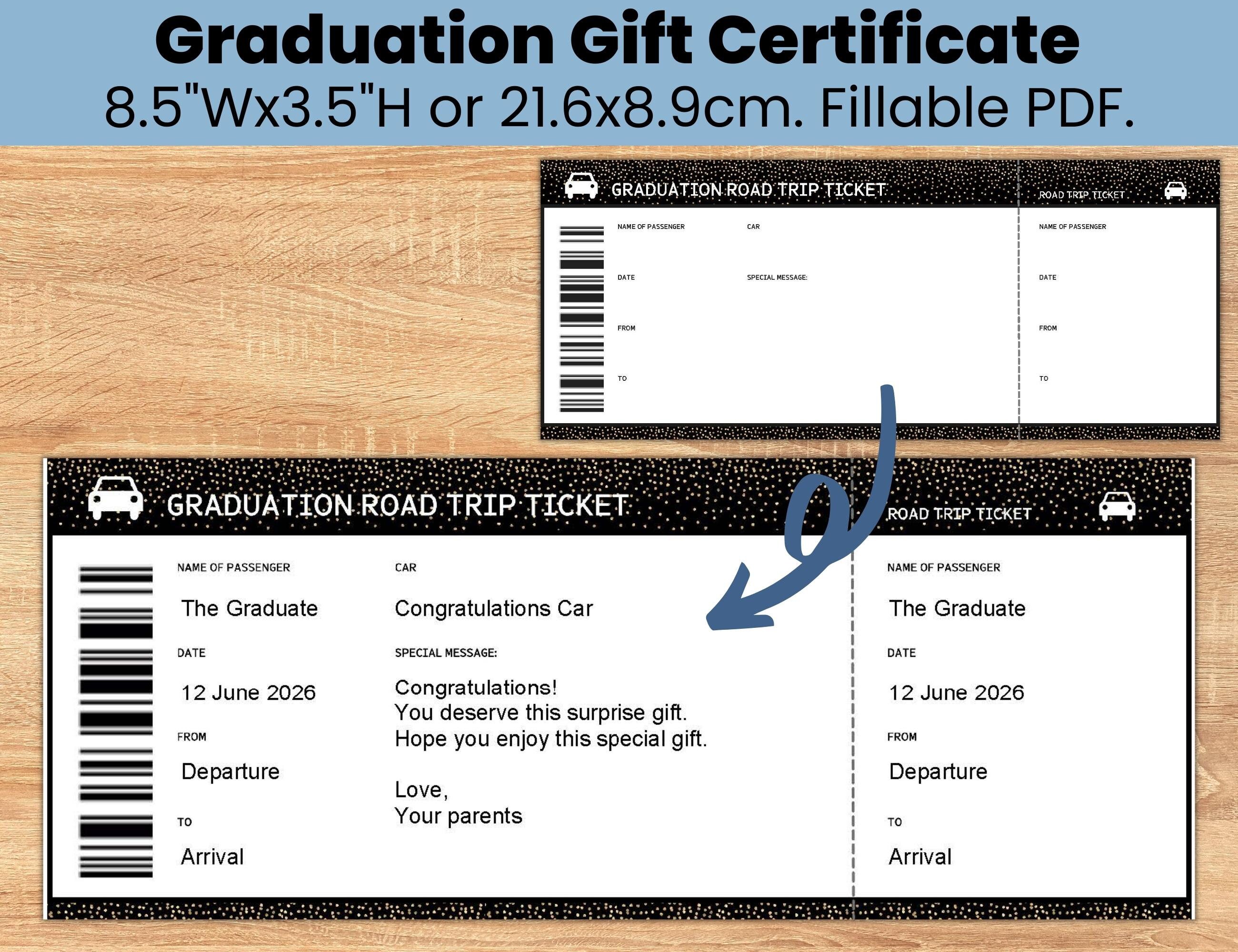 Graduation Road Trip Ticket Gift Certificate, Surprise Trip Ticket Gift ...