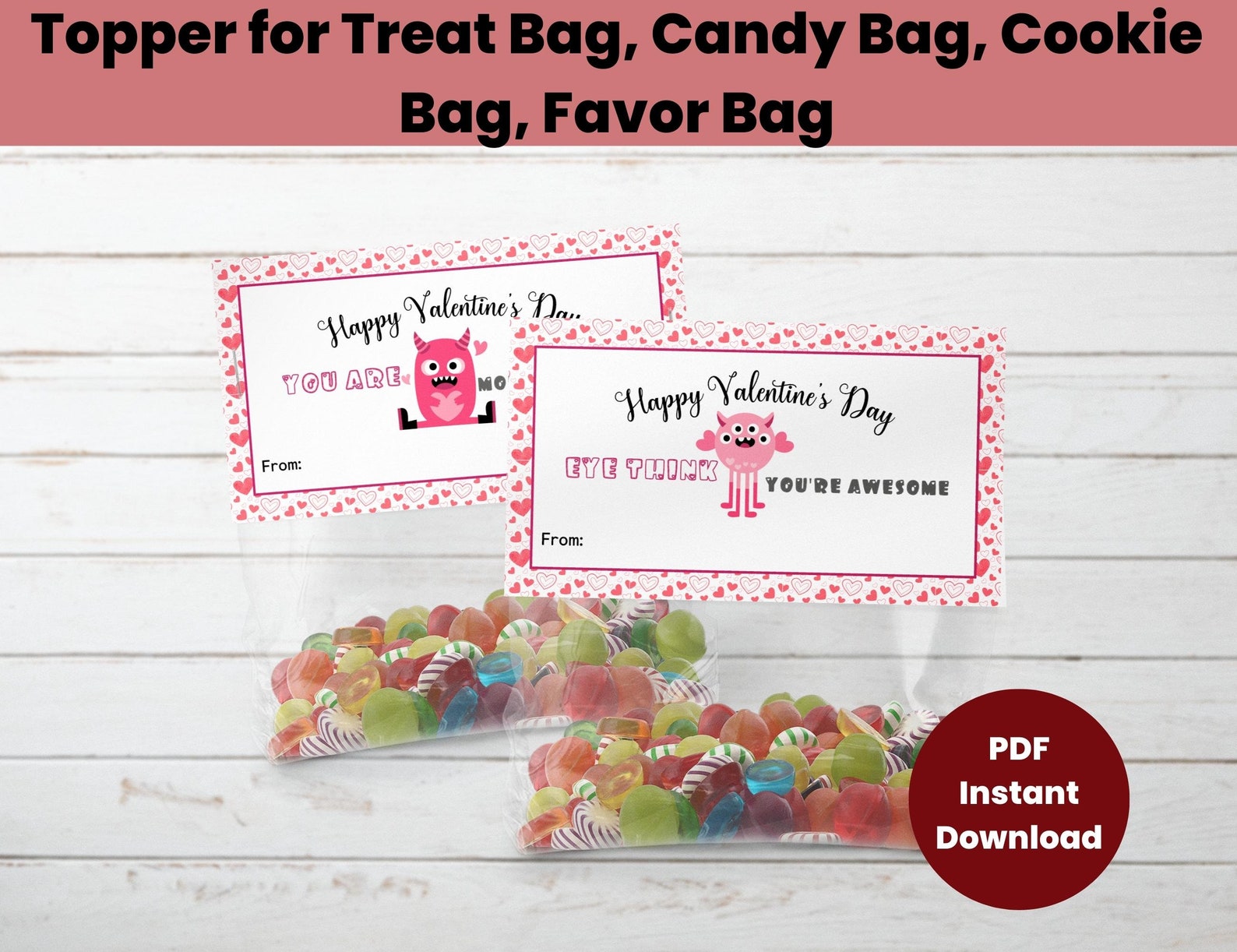 Monster Valentine Bag Topper, Valentines Party Favor Bag Topper, Class ...