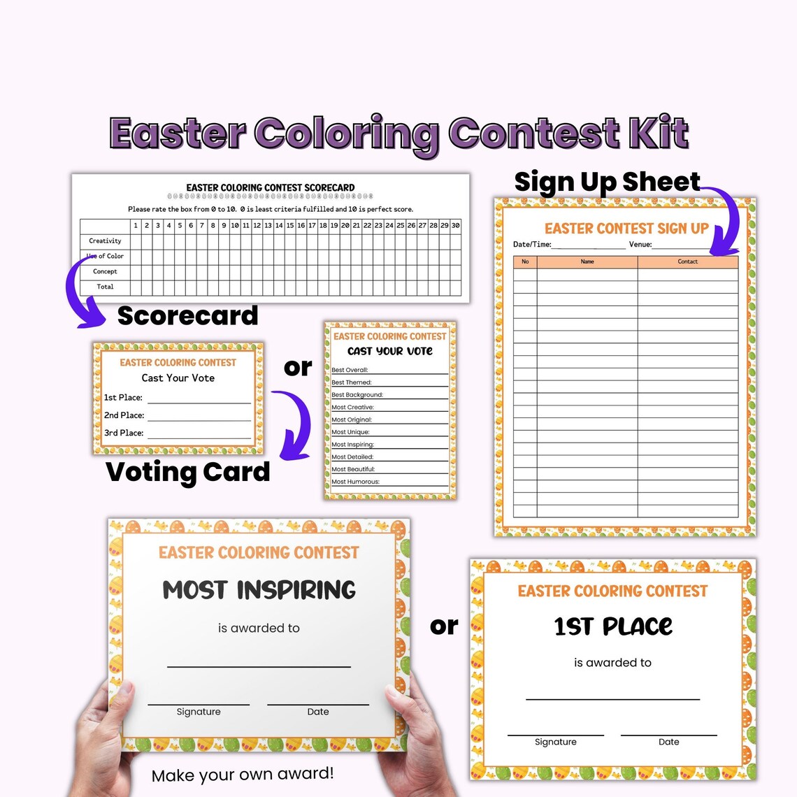 Easter Coloring Contest Kit, Easter Certificates, Voting Cards, Easter ...