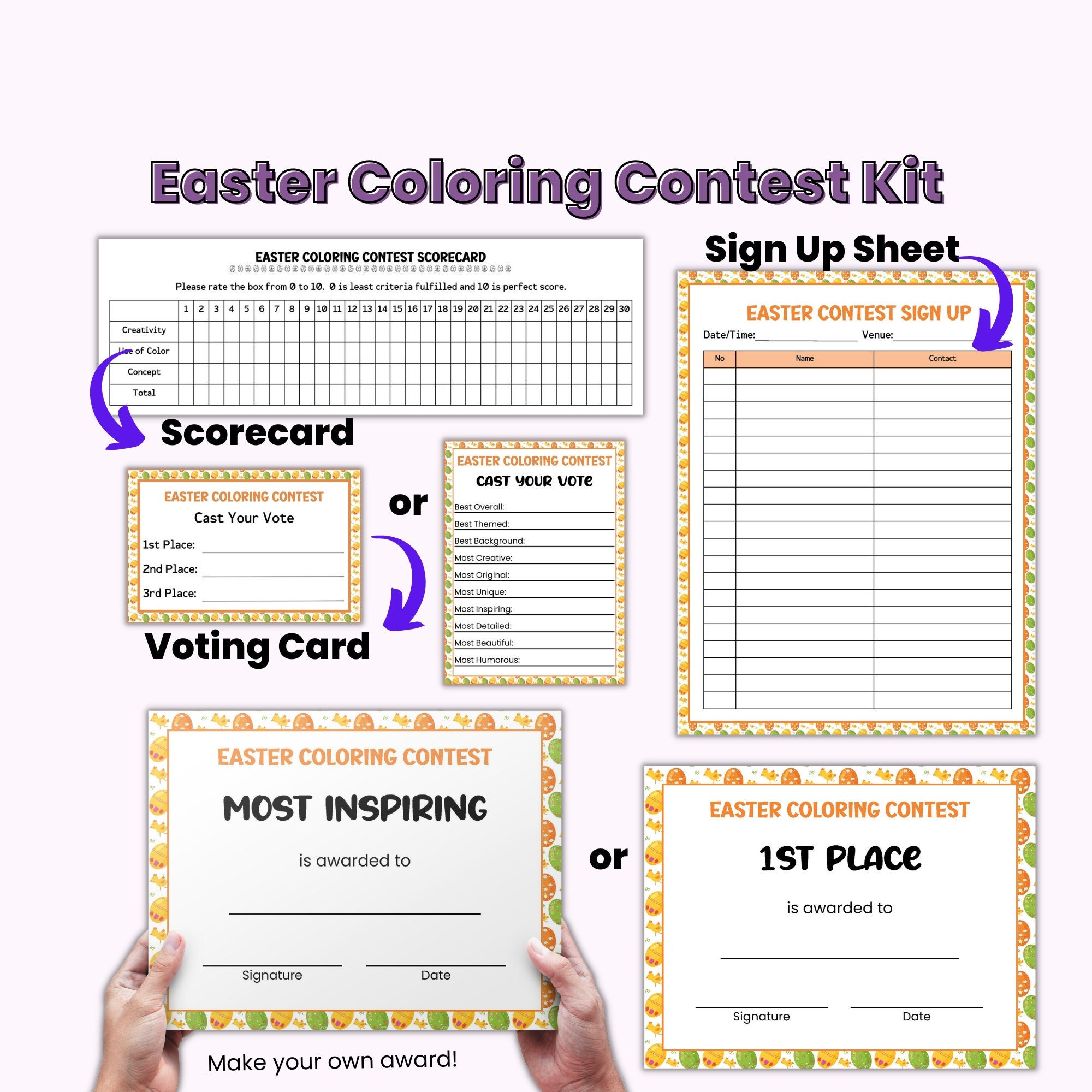 Easter Coloring Contest Kit, Easter Certificates, Voting Cards, Easter ...