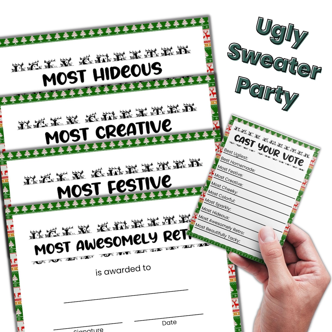Ugly Sweater Award Certificates and Voting Cards, Christmas Ugly ...