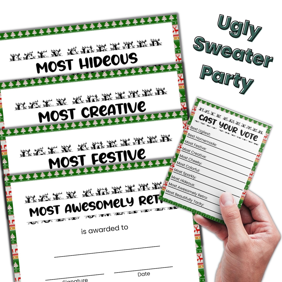 Ugly Sweater Award Certificates and Voting Cards, Christmas Ugly ...